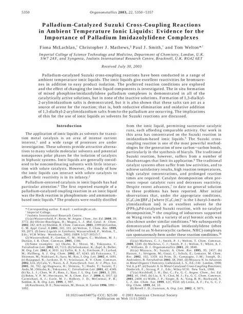 Pdf Palladium Catalyzed Suzuki Cross Coupling Reactions In Ambient Temperature Ionic Liquids