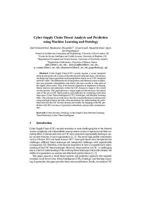 Pdf Cyber Supply Chain Threat Analysis And Prediction Using Machine Learning And Ontology