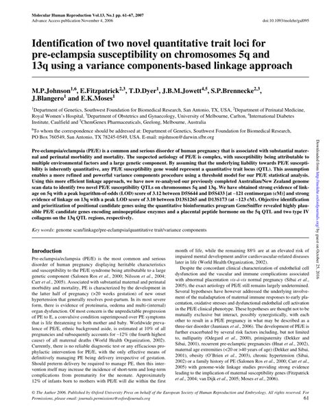 Pdf Identification Of Two Novel Quantitative Trait Loci For Pre Eclampsia Susceptibility On