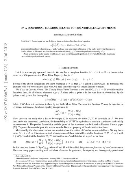 Pdf On A Functional Equation Related To Two Variable Cauchy Means