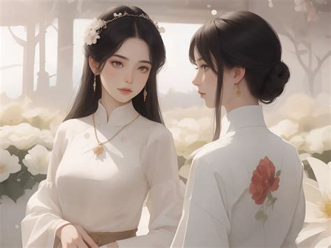 흰 드레스를 입은 두 여자가 나란히 서 있다 Seaart Ai