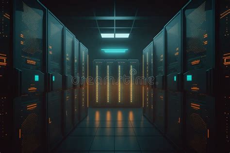 Imagery Of Dark Servers Data Center Room With Computers And Storage Systems And Glowing Elements