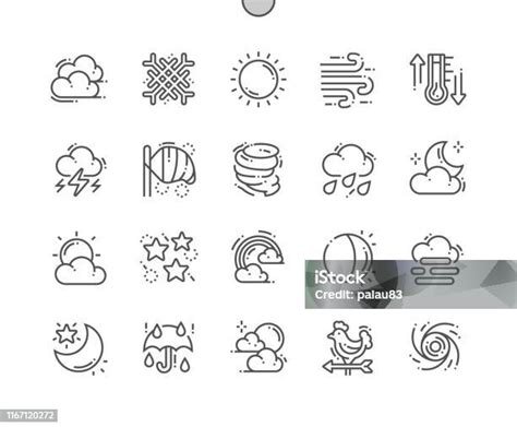 일기 예보 잘 만들어진 픽셀 완벽한 벡터 얇은 라인 아이콘 30 웹 그래픽 및 응용 프로그램을위한 그리드 2x 간단한 최소한의
