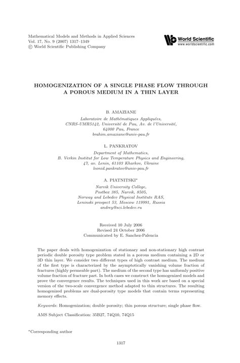 Pdf Homogenization Of A Single Phase Flow Through A Porous Medium In A Thin Layer
