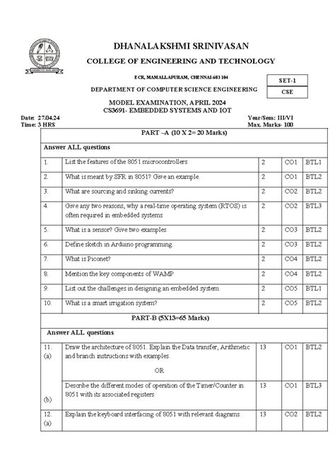 Cse A Cs3691 Esiot Model Set 1 Dhanalakshmi Srinivasan College Of