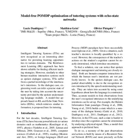 Model Free Pomdp Optimisation Of Tutoring Systems With Echo State Networks Acl Anthology