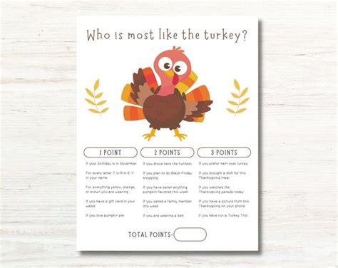 Thanksgiving Game Who Is Most Like The Turkey Printable Fall