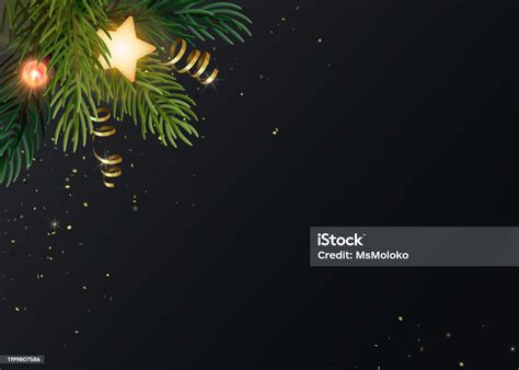 전나무 가지 빛나는 별 금 뱀과 빛나는 전구와 크리스마스 배경 디자인 텍스트 공간이 있는 어두운 회색 배경입니다 벡터 전단지 또는 배너 템플릿입니다 0명에 대한 스톡 벡터