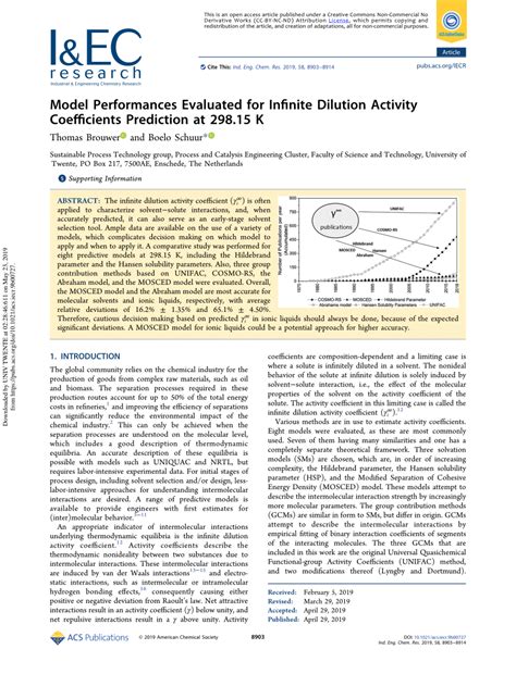 Pdf Model Performances Evaluated For Infinite Dilution Activity Coefficients Prediction At 29815k