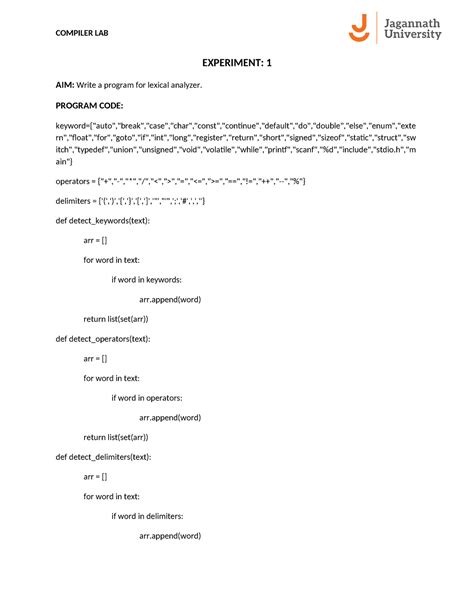 Compiler Lab Experiment 1 Aim Write A Program For Lexical Analyzer