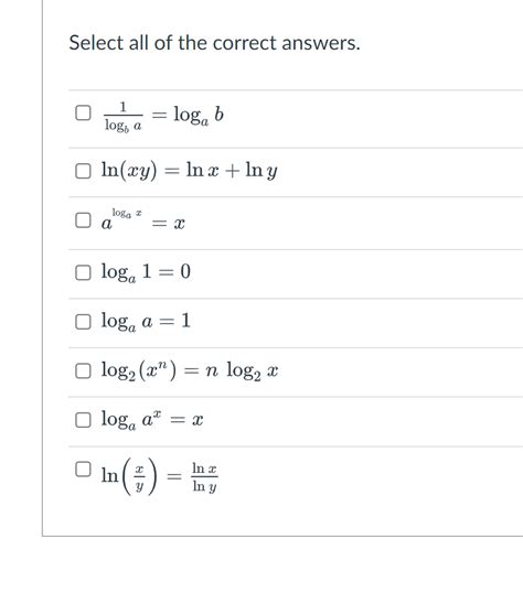 solved select all of the correct answers 1 logy a loga b
