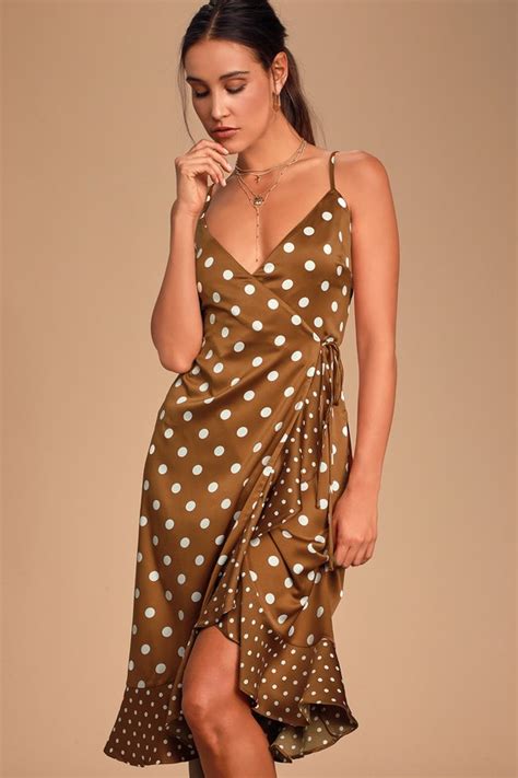 Sexy Satin Dress Brown Polka Dot Wrap Dress Ruffled Dress Lulus