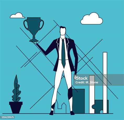 사업가가 황금 트로피를 들고 있다 우승자 리더 성취 및 성공 비즈니스 컨셉 일러스트레이션 개념에 대한 스톡 벡터 아트 및 기타 이미지 Istock