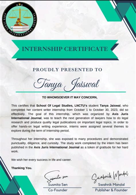 Tanya Jaiswal On Linkedin I Have Successfully Completed My Internship At Axis Juris International…