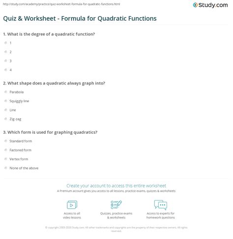 Quiz And Worksheet Formula For Quadratic Functions