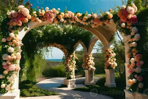 A Wedding Archway With Flowers And Greenery Ai Generated 30126855