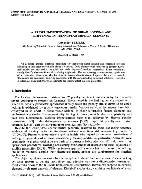 Pdf A Priori Identification Of Shear Locking And Stiffening In Triangular Mindlin Elements