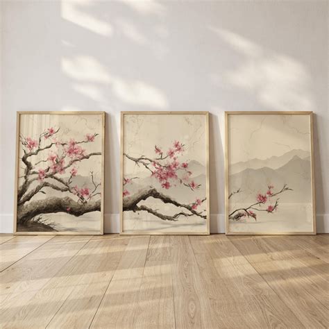 Sakura Cherry Blossom Wall Art Trio Japanese Landscape Prints Digital