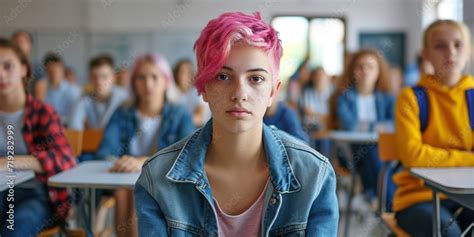 Groupmates Bullying At Sad Girl With Pink Hair In School Classroom