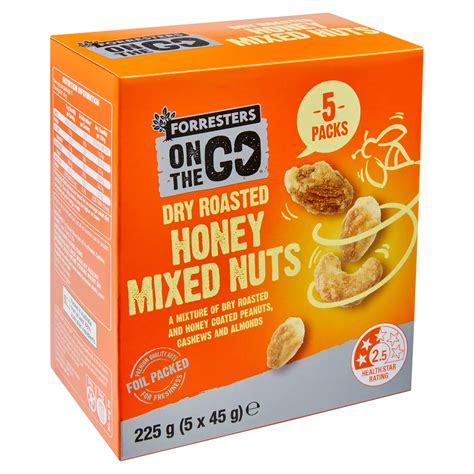 On The Go Dry Roasted Honey Mixed Nuts 5 Pack 225g