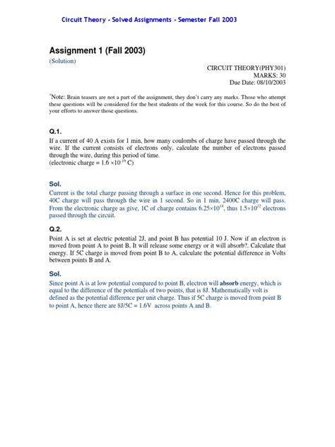 Circuit Theory Solved Assignments Semester Fall 2003 Pdf
