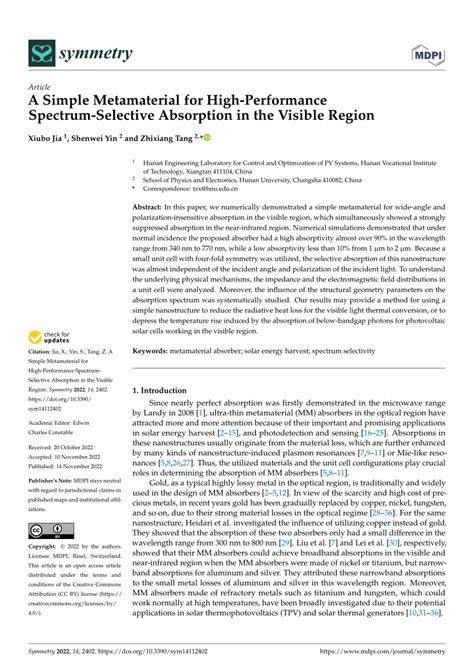 Pdf A Simple Metamaterial For High Performance Spectrum Selective Absorption In The Visible Region