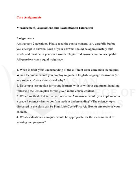 Measurement Assessment Evaluation Assignment 1 4 Pdf