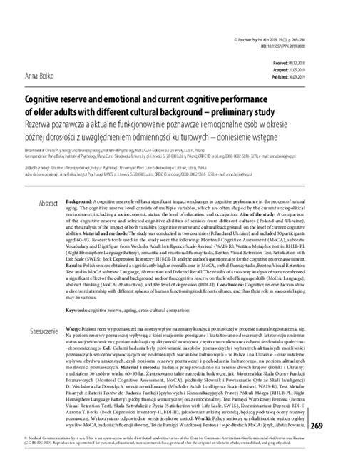Pdf Cognitive Reserve And Emotional And Current Cognitive Performance Of Older Adults With