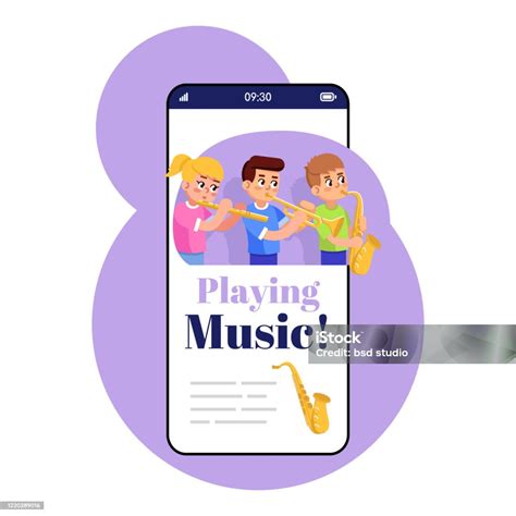 음악 스마트폰 앱 화면 재생 만화 캐릭터 디자인 모형과 휴대 전화 디스플레이 관악기 훈련 교육 게임 아이 응용 프로그램 전화 인터페이스 개념에 대한 스톡 벡터 아트 및 기타