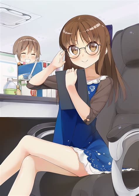 Safebooru 2girls Bespectacled Blue Dress Bow Brown Eyes Brown Hair