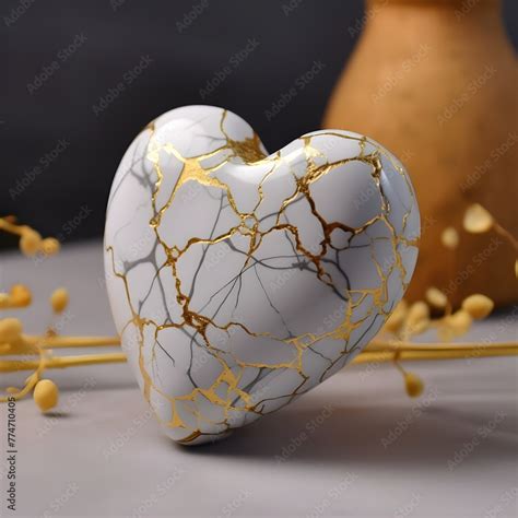 Kintsugi Or Kintsukuroi Porcelain Ceramic Heart With Golden Cracks