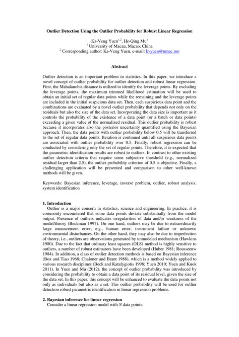 PDF Outlier Detection Using The Outlier Probability For Robust Linear Regression