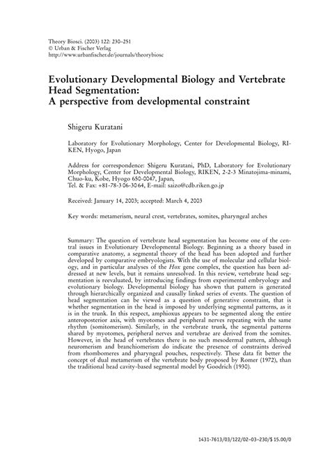 Pdf Evolutionary Developmental Biology And Vertebrate Head Segmentation A Perspective From