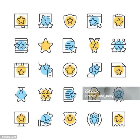 별 라인 아이콘입니다 별 아이콘의 집합입니다 검정 파랑 및 노랑 색상 현대적인 선형 윤곽선 그래픽 디자인 벡터 선 아이콘 세트 1에 대한 스톡 벡터 아트 및 기타 이미지