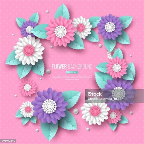 종이 분홍색 흰색 보라색 색상에서 3d 꽃 프레임을 잘라 텍스트 패턴을 점선 장소 휴가 디자인 벡터 일러스트 레이 션에 대 한