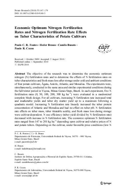 Pdf Economic Optimum Nitrogen Fertilization Rates And Nitrogen Fertilization Rate Effects On