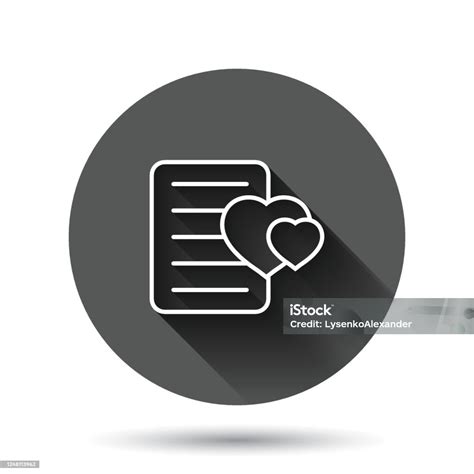 플랫 스타일의 위시리스트 아이콘입니다 긴 그림자 효과와 검은 둥근 배경에 문서 벡터 그림자처럼 좋아하는 목록 서클 버튼 비즈니스 컨셉 건강관리와 의술에 대한 스톡 벡터 아트