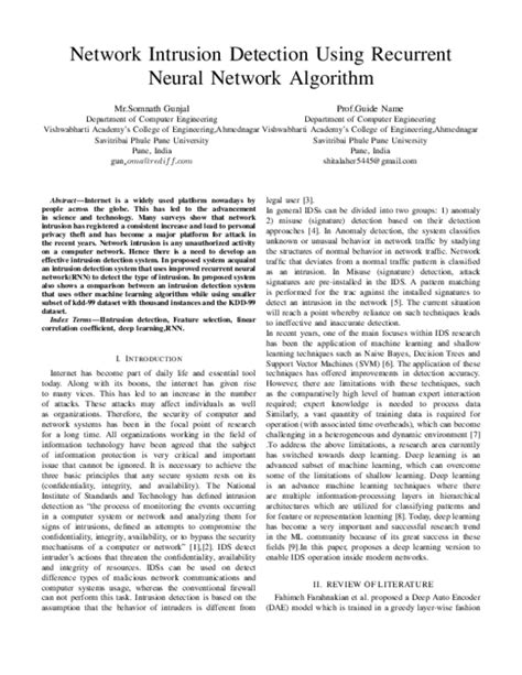Pdf Network Intrusion Detection Using Recurrent Neural Network Algorithm Prof Guide Name