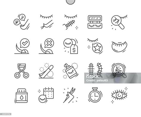 속눈썹 절차 집게 접착제 용해제 살롱 패치 및 부착 미용학과 미용 픽셀 완벽한 벡터 얇은 선 아이콘 간단한 최소 그림 속눈썹에