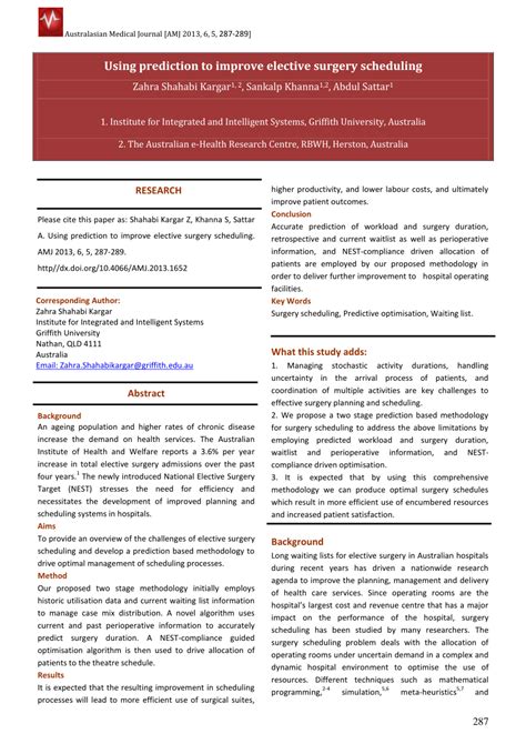Pdf Using Prediction To Improve Elective Surgery Scheduling