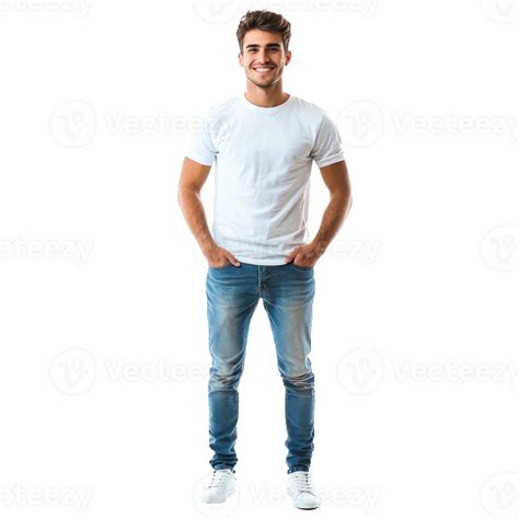 Smiling Young Man Standing With Hands In Pockets Standing Front View