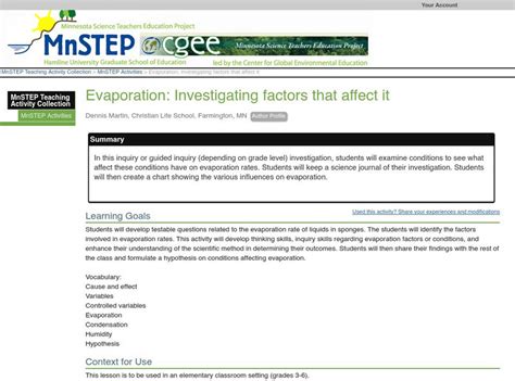 Serc Evaporation Investigating Factors That Affect It Lesson Plan For