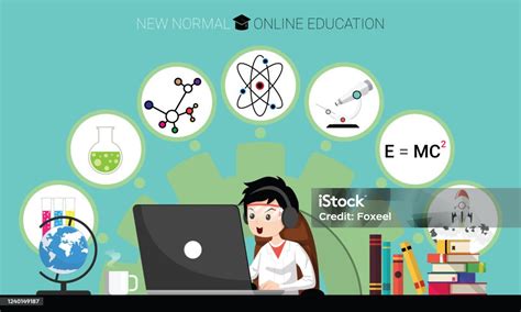 새로운 정상 개념과 물리적 거리 코로나바이러스 발병 예방을 위해 가정에서 온라인 교육 용 전자 학습 과학용 노트북을 사용하는