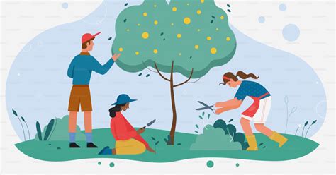 정원이나 공원을 돌보는 정원사의 일 생태 자원 봉사자 팀은 식물 나무 관목을 키우고 원예 도구 플랫 벡터 일러스트레이션으로 작업합니다 농업 자연 개념 벡터