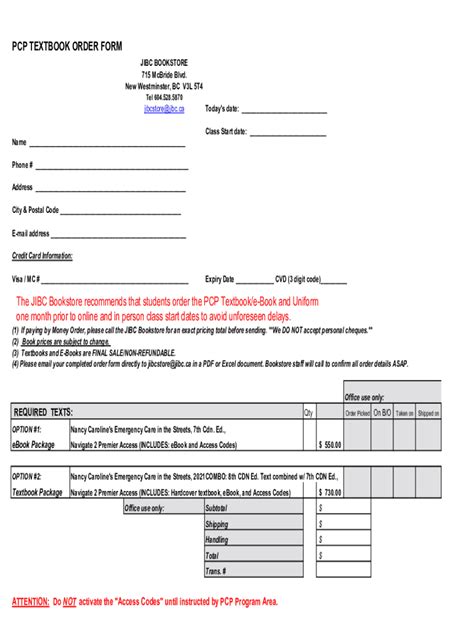 Fillable Online Pcp Textbook Order Form The Jibc Bookstore Recommends