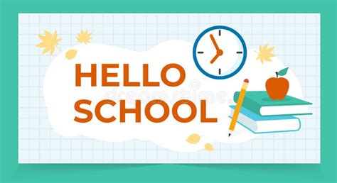 Vector Illustration Of Workbooks And Pencil And Red Apple Class Clock And Autumn Leaves Hello Vector Illustration Of Workbooks And Pencil And Red Apple Class Clock And Autumn Leaves Hello