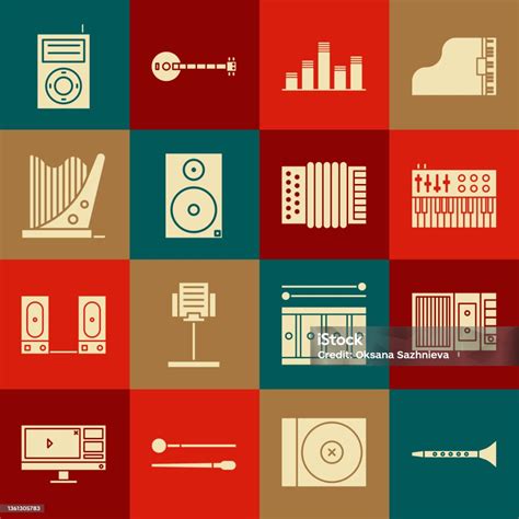 세트 클라리넷 음악 테이프 플레이어 신디사이저 이퀄라이저 스테레오 스피커 하프 Mp3 및 악기 아코디언 아이콘 벡터 Mp3 플레이어에 대한 스톡 벡터 아트 및 기타 이미지