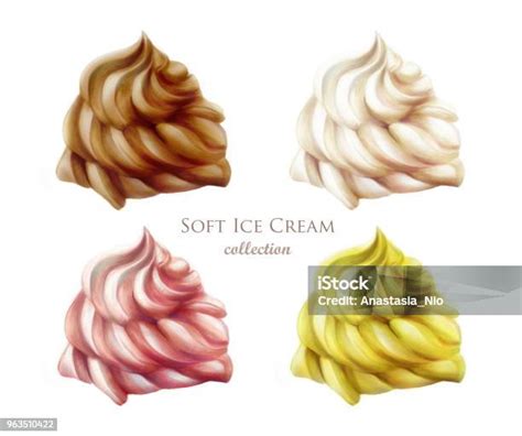 딸기 바닐라 초콜릿 맛입니다 블루 핑크 브라운 화이트다른 맛과 색 아이스크림 숟가락 디지털 손 그려진된 흰색 배경에 고립 된 모습 갈색에 대한 스톡 벡터 아트 및 기타