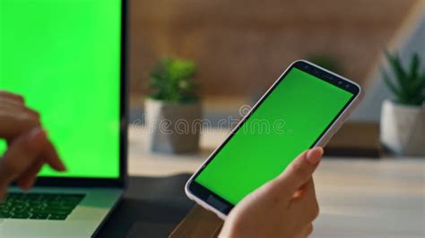 Hand Touching Green Screen Mobile Touchscreen Answering Call at Office Close Up. Stock Footage ...