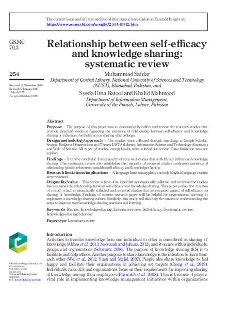 Pdf Relationship Between Self Efficacy And Knowledge Sharing Systematic Review